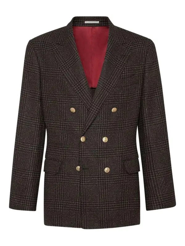 Brunello Cucinelli Prince Of Wales One-and-a-half Breasted Blazer With Metal Buttons - Brown