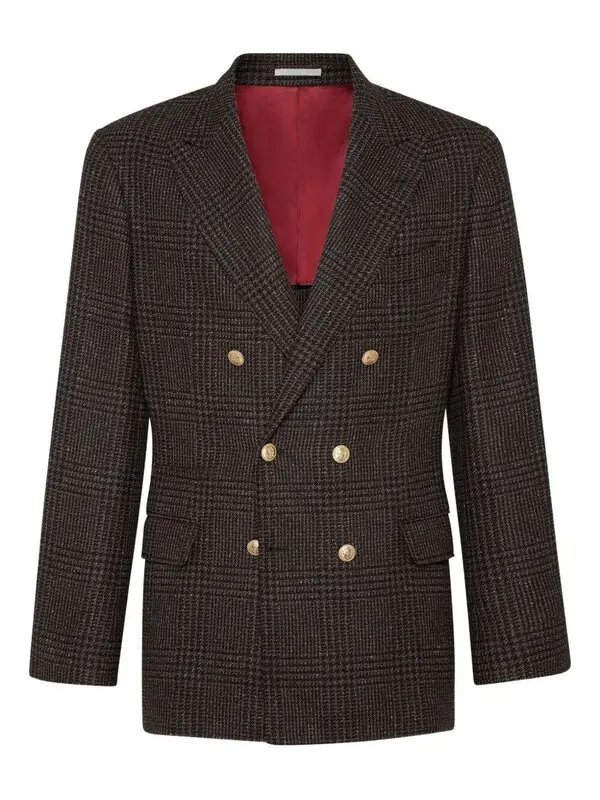 Brunello Cucinelli Prince Of Wales One-and-a-half Breasted Blazer With Metal Buttons - Brown