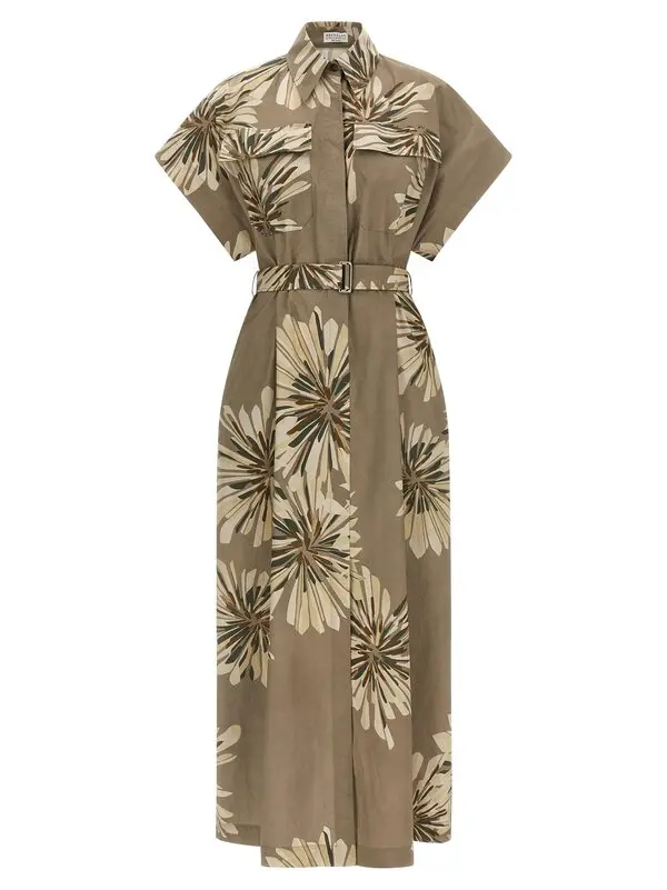 Brunello Cucinelli Cotton Poplin Floral Chemisier Dress - Green