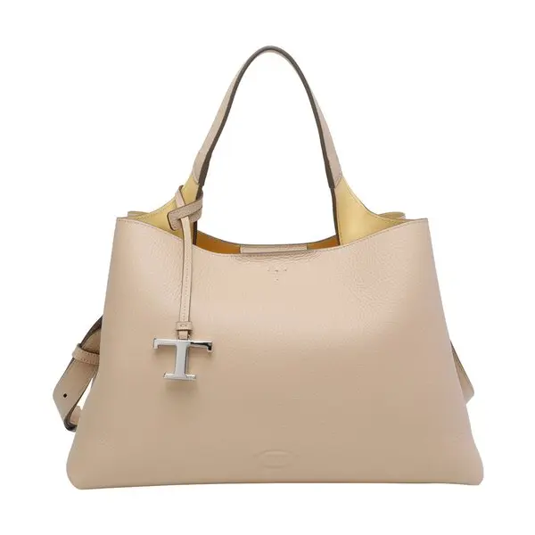 TOD'S Medium Leather Handbag With T Timeless Charm - Cream