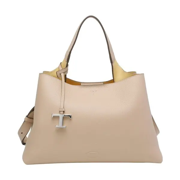 TOD'S Medium Leather Handbag With T Timeless Charm - Cream