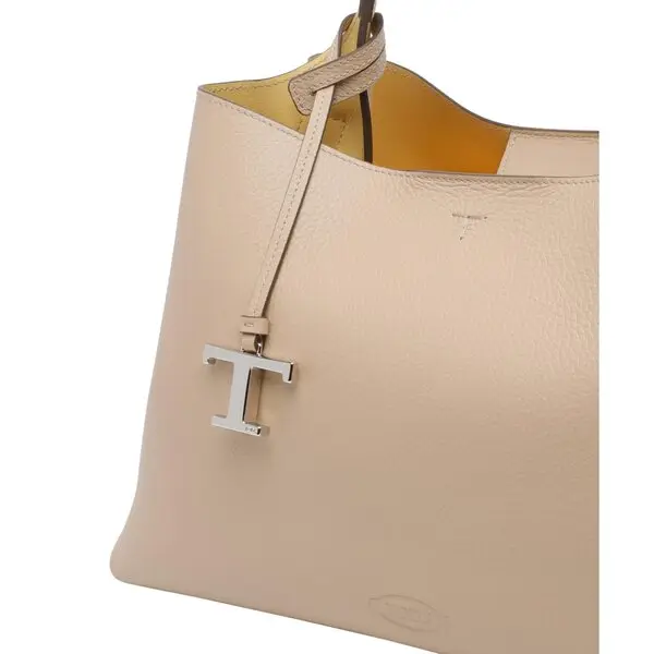 TOD'S Medium Leather Handbag With T Timeless Charm - Cream