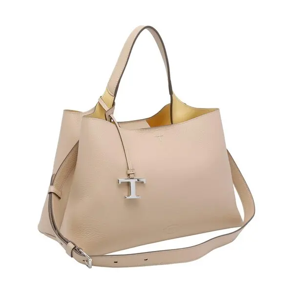 TOD'S Medium Leather Handbag With T Timeless Charm - Cream