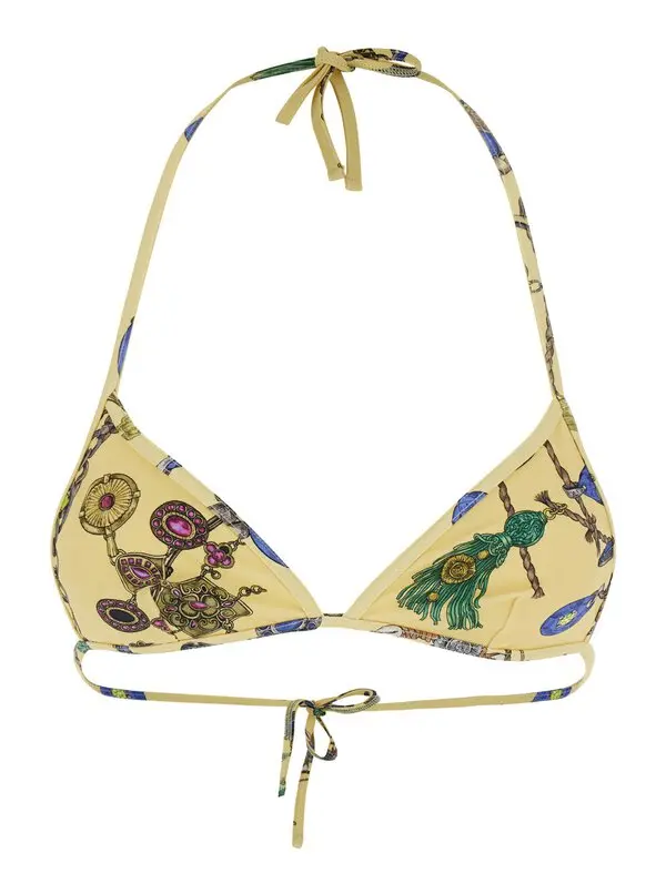 Versace Yellow Bikini Top With All-over Jewelry Print In Stretch Tech Fabric For - Multicolor