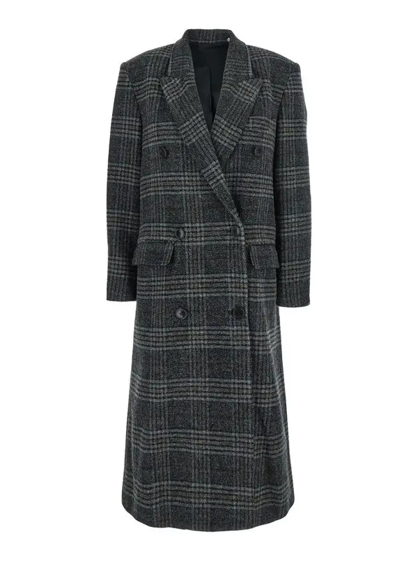 Isabel Marant Étoile Lexana' Grey Double-breasted Coat With Peak Revers And All-over Check Motif In Wool - Multicolor