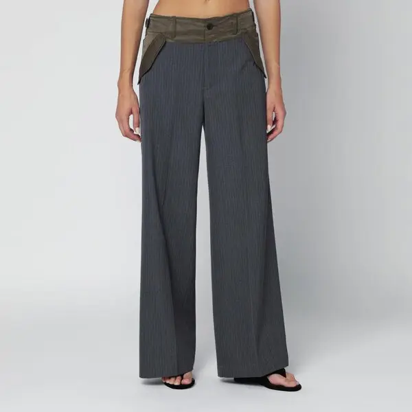 Sacai Grey/khaki Pinstripe Bi-material Trousers - Gray