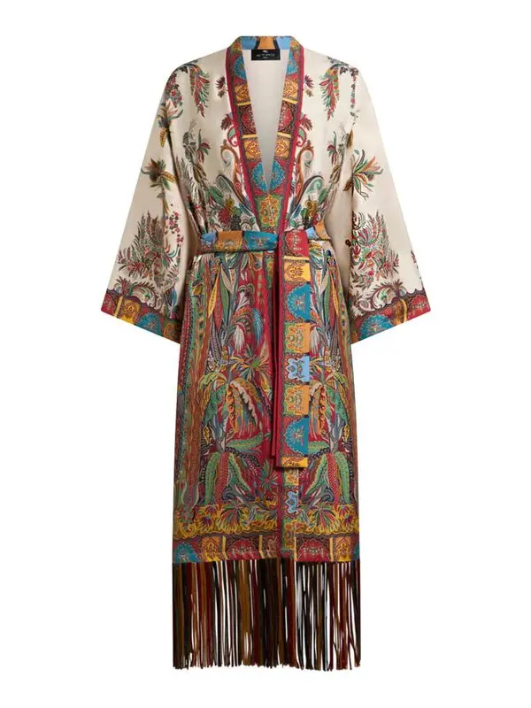 Etro Silk Duster Coat With Fringes And Paisley Foliage Print - Multicolor