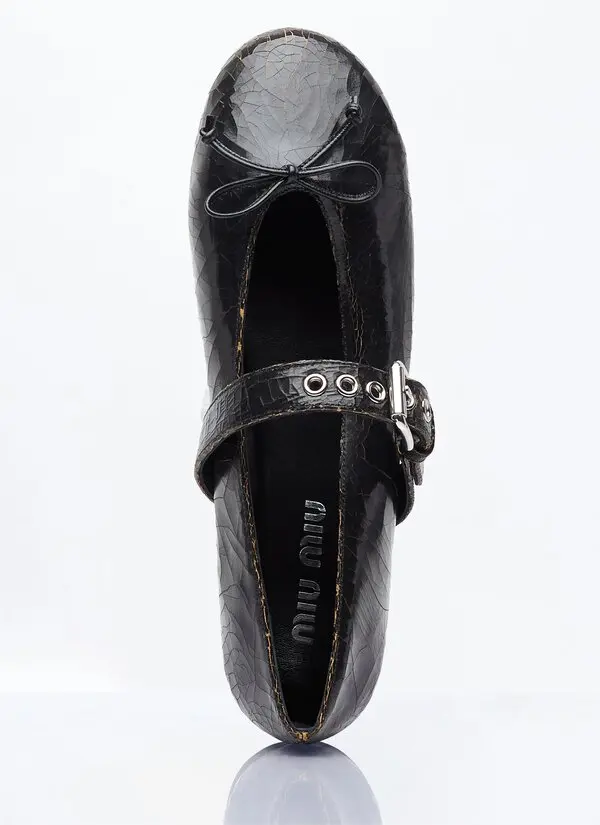 Miu Miu Crackled Leather Ballerina Shoes - Brown