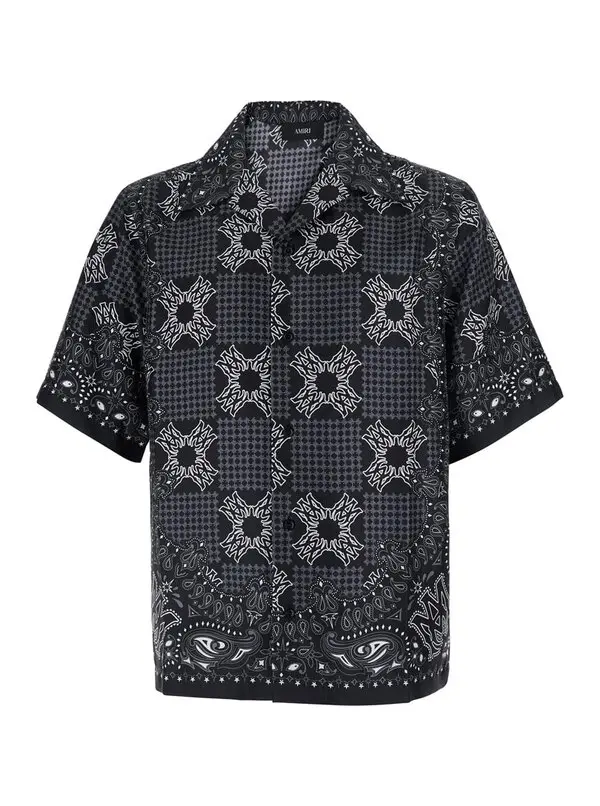 Amiri Bowling Shirt With Cuban Collar And All-over Geometric Print In Silk For - Black