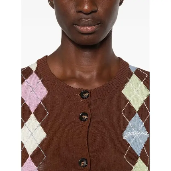 GANNI Cotton Argyle Knit Cardigan - Brown