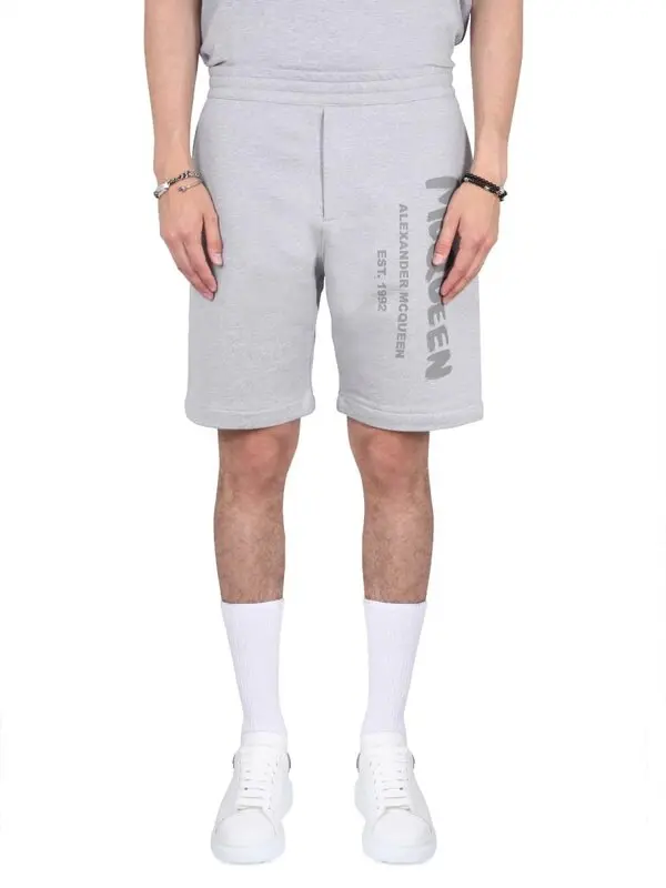 Alexander McQueen Bermuda Shorts With Graffiti Logo Print - Gray