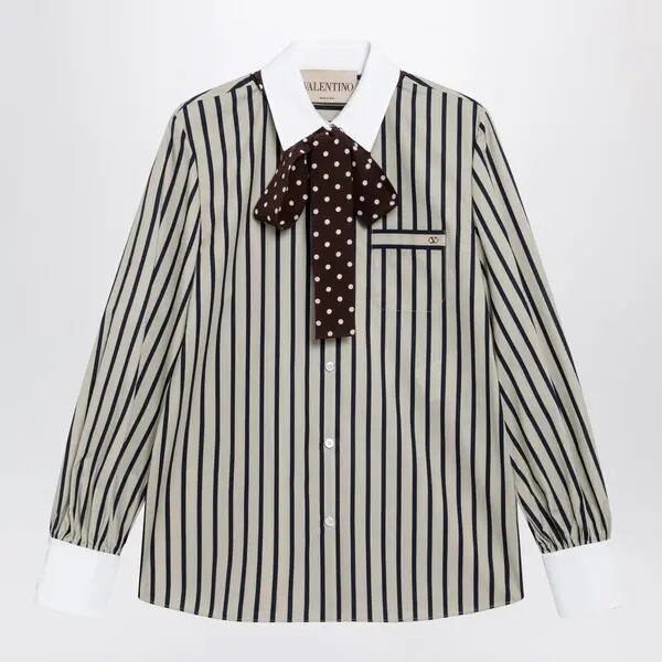 Valentino Garavani Striped Cotton Shirt With Scarf In Beige And Blue - Cream