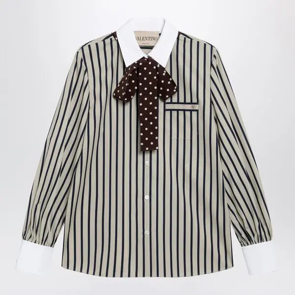 Valentino Garavani Striped Cotton Shirt With Scarf In Beige And Blue - Cream