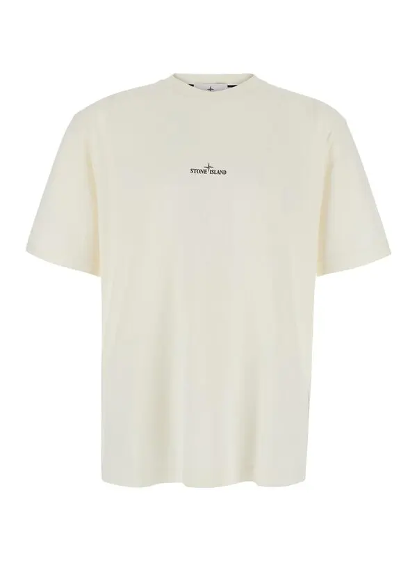 Stone Island Beige Crew Neck T-shirt With Logo Lettering On The Front And Maxi Logo Print On The Back In Cotton For - Multicolor