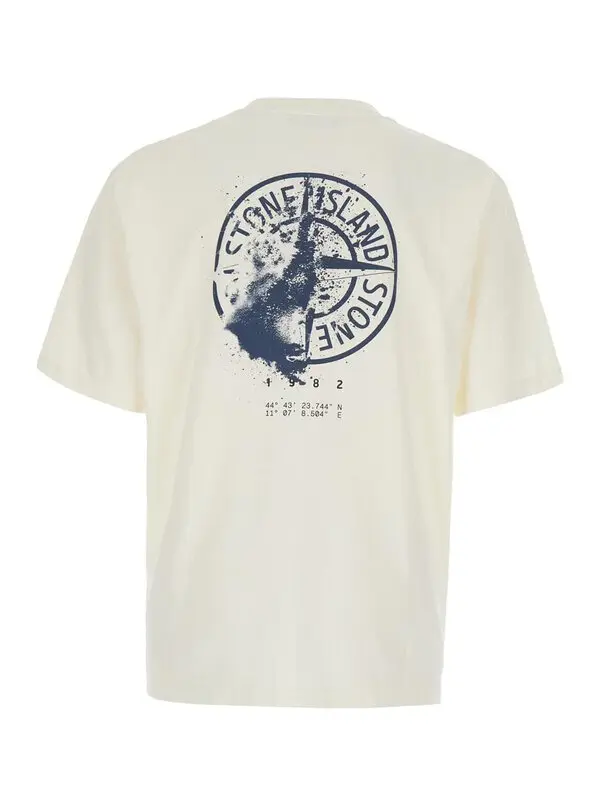 Stone Island Beige Crew Neck T-shirt With Logo Lettering On The Front And Maxi Logo Print On The Back In Cotton For - Multicolor