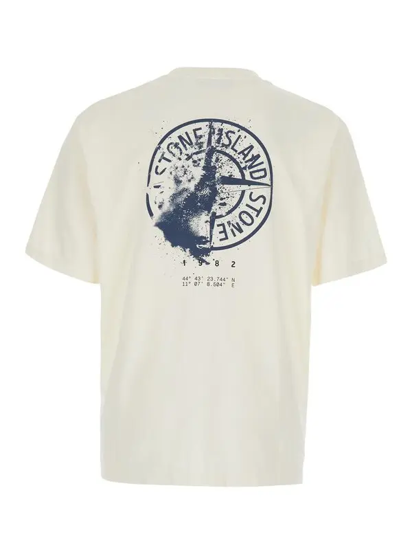 Stone Island Beige Crew Neck T-shirt With Logo Lettering On The Front And Maxi Logo Print On The Back In Cotton For - Multicolor