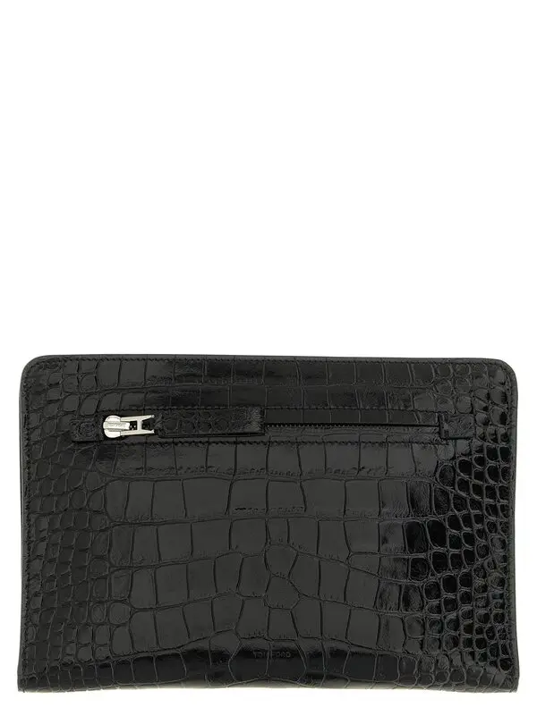 TOM FORD Croc Print Leather Clutch Bag - Black