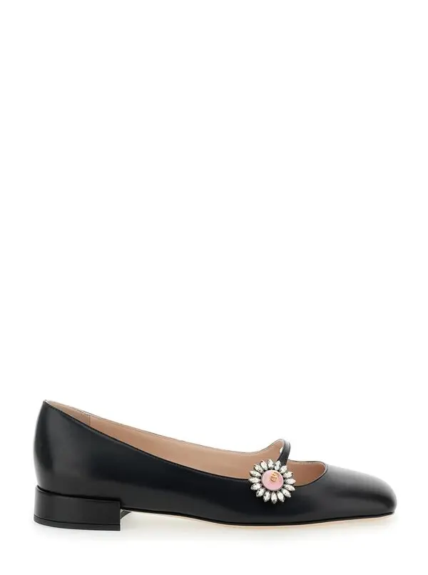 Valentino Garavani Ballet Shoes With Floral Detail With Vlogo In Leather - Black