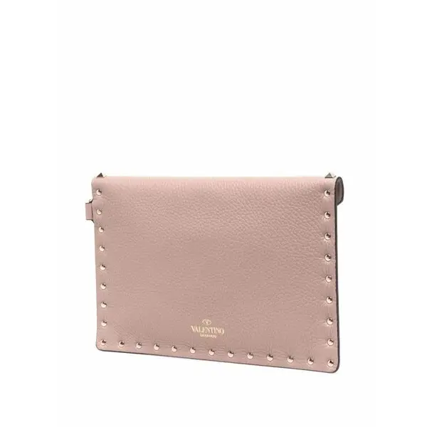 Valentino Garavani Rockstud Grained Calfskin Leather Clutch - Cream