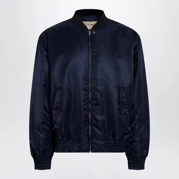 Valentino Garavani Shiny Navy Zip-up Bomber Jacket With Vlogo - Blue