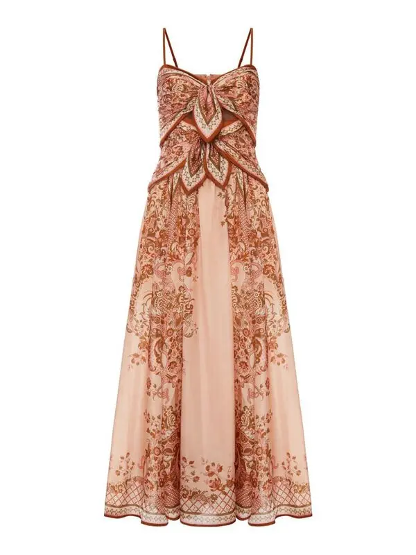 Zimmermann Aster Silk Midi Dress With Cut-out Insert And Bows - Pink