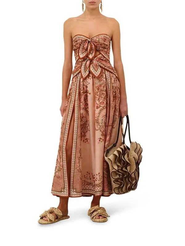 Zimmermann Aster Silk Midi Dress With Cut-out Insert And Bows - Pink