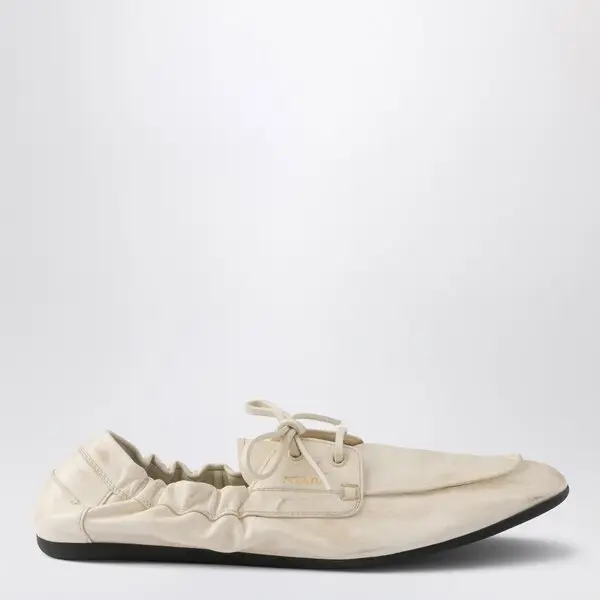 Prada Shuffle Boat Loafers In Antique-effect Leather, Talc Color - White