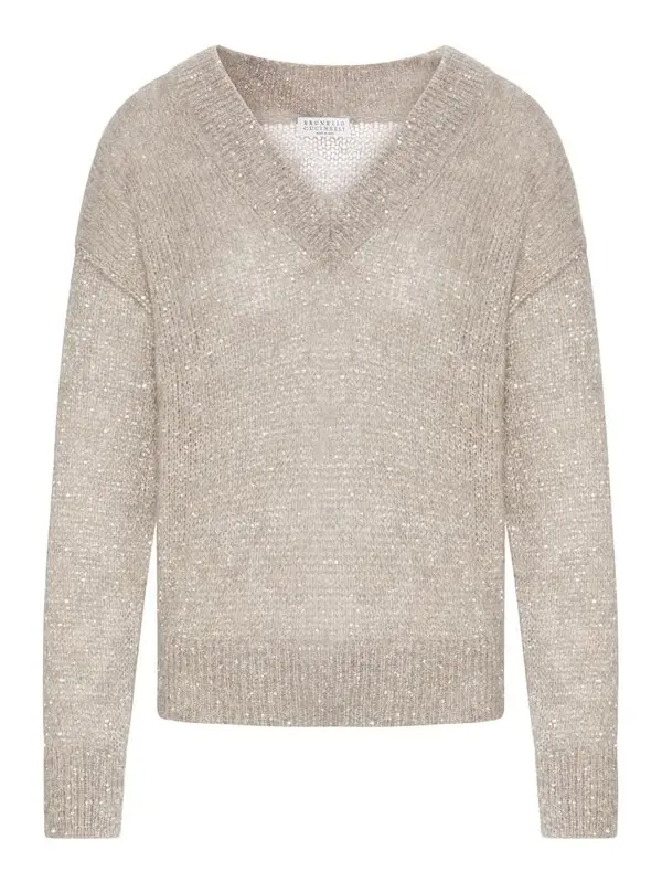 Brunello Cucinelli Sequined Half-rib Cotton Sweater - Tan