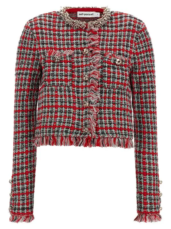 SELF-PORTRAIT Fringed Knit Check Jacket - Red
