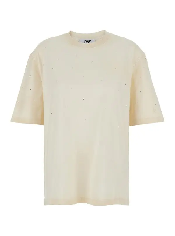 GOLDEN GOOSE Cotton T-shirt With Rhinestones And Back Print - Multicolor
