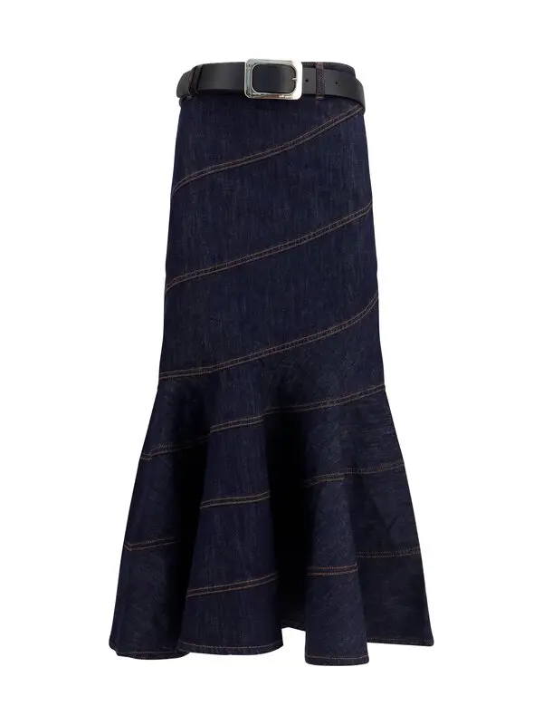 SELF-PORTRAIT Denim Midi Skirt With Belt - Blue