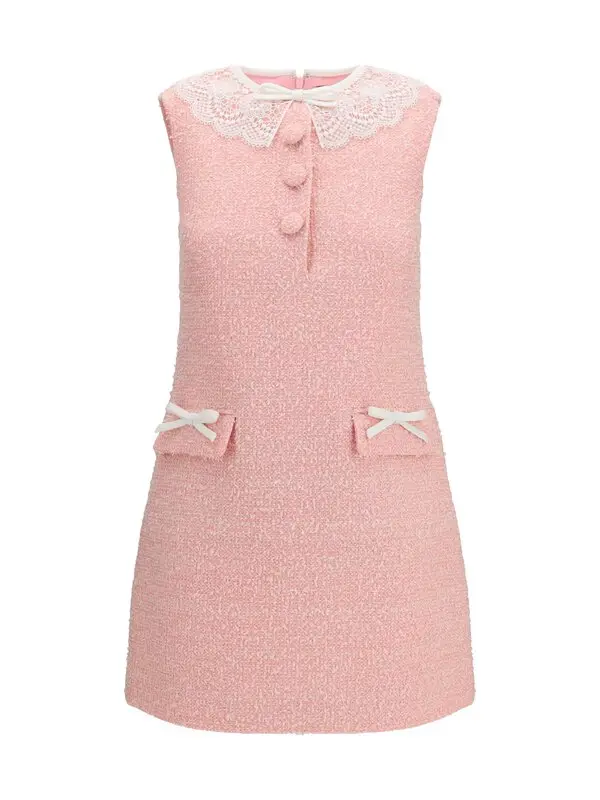 SELF-PORTRAIT Bouclé Mini Dress With Lace Collar - Pink