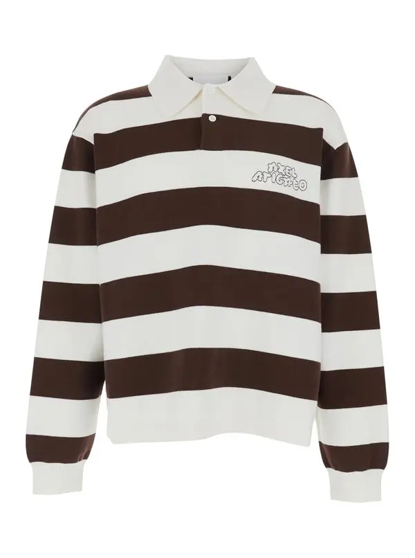 Axel Arigato Brown Sweatshirt With Polo Collar And All-over Stripes In Cotton And Wool Blend - Multicolor