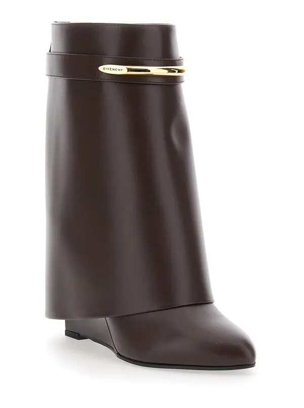 Givenchy Wedge Heel Ankle Boots With Logo Plate On The Side In Leather For - Brown