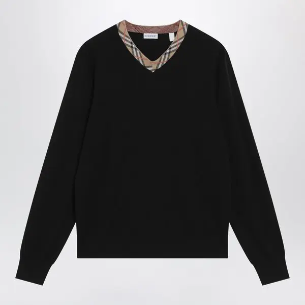 Burberry Wool Sweater With Check Motif Neckline