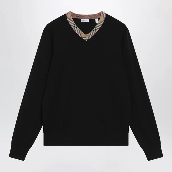Burberry Wool Sweater With Check Motif Neckline - Black