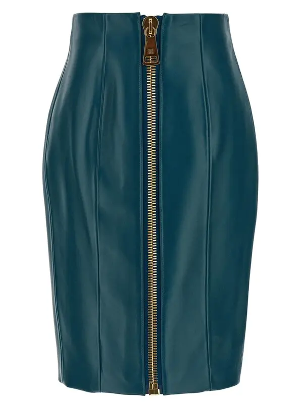 Balmain High-waisted Lamb Leather Midi Skirt - Blue