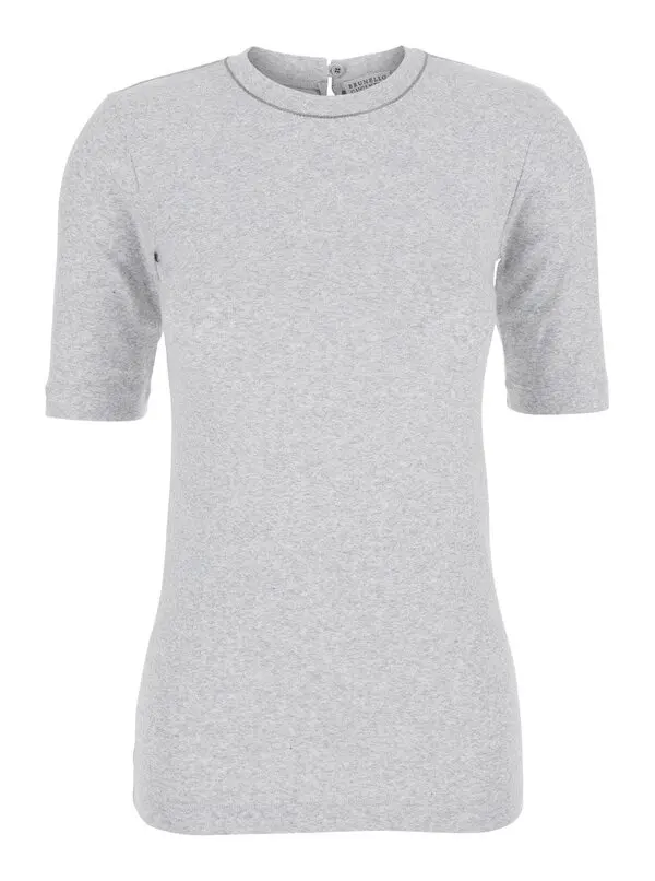 Brunello Cucinelli Crew Neck T-shirt With Three-quarter Sleeves And Monil Detail On The Neck In Cotton For - Gray