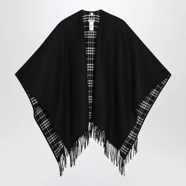 Burberry Reversible Wool Check Cape With Fringes - Black