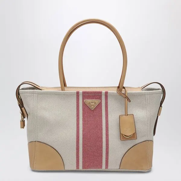 Prada Large Canvas And Leather Shopping Bag - Cream