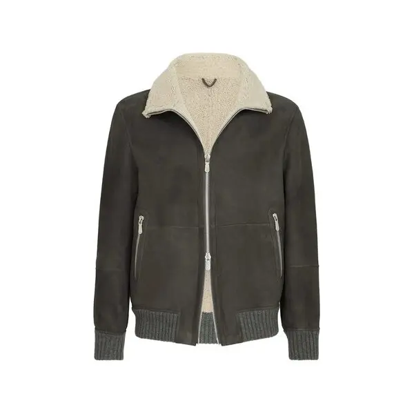 Brunello Cucinelli Shearling Trim Bomber Jacket - Gray