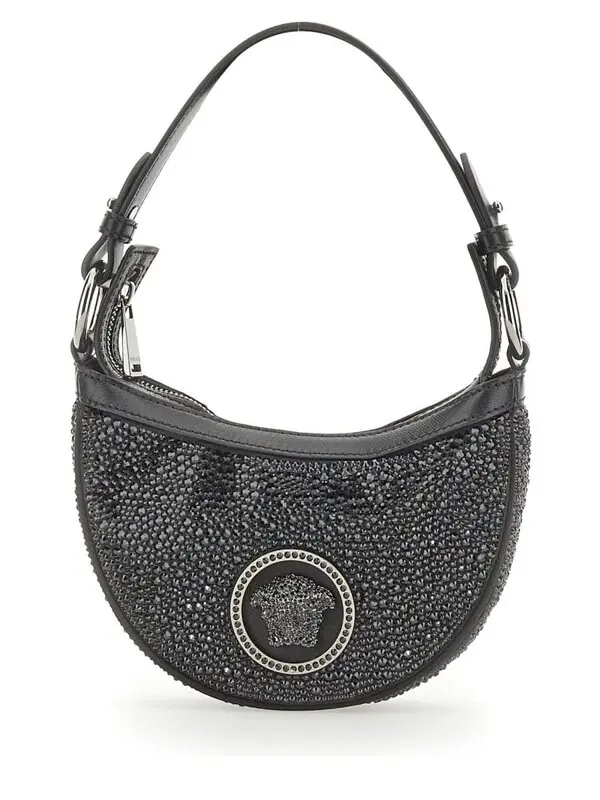 Versace Mini Hobo Bag With Crystals - Black