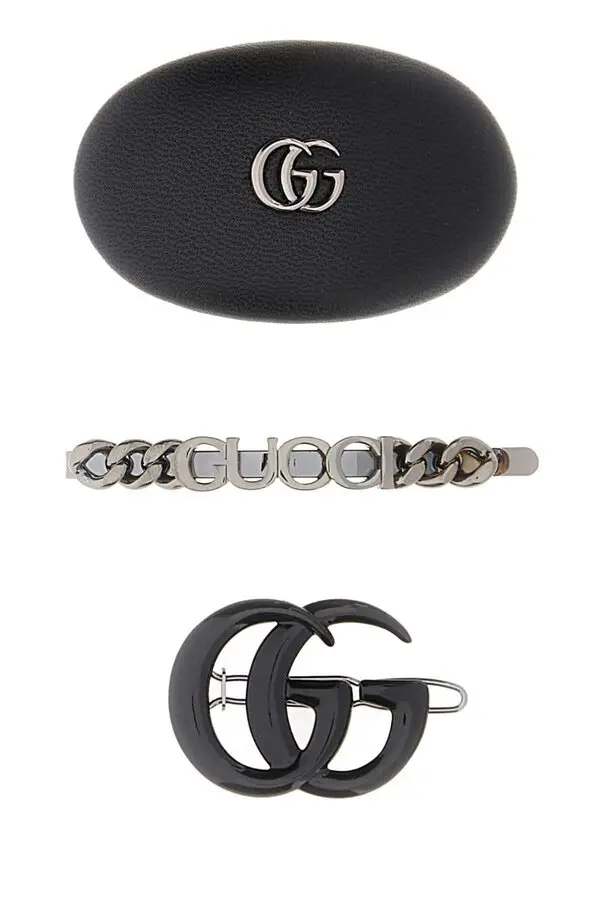 Gucci Leather And Metal Hair Clips Set - Black