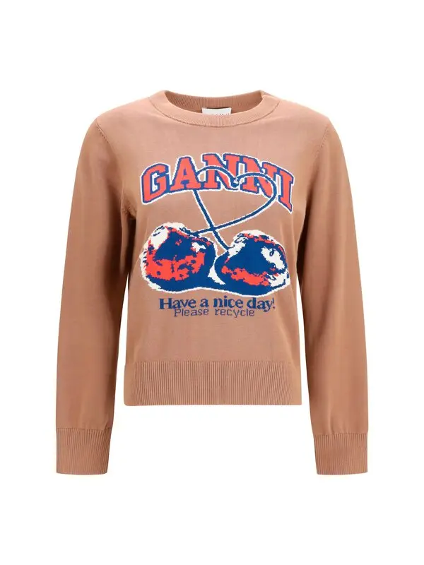 GANNI Cherry-print Cotton Sweater - Cream