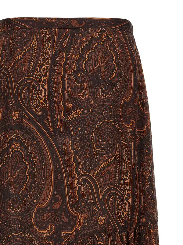 Etro Silk Paisley Asymmetrical Ruffle Skirt - Brown