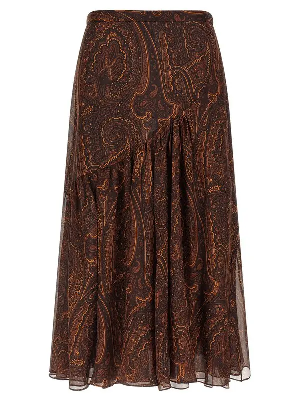 Etro Silk Paisley Ruffle Skirt - Brown