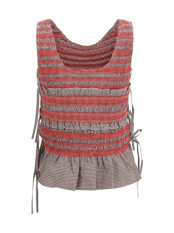GANNI Elastic Printed Top With Ruching And Side Ties - Brown