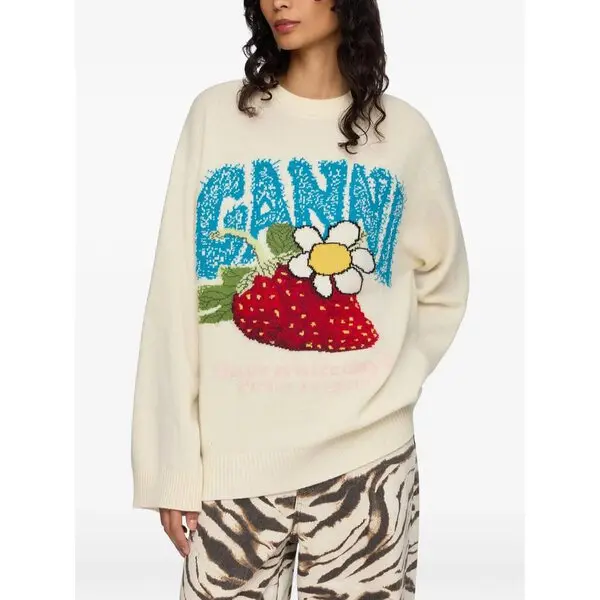 GANNI Strawberry Intarsia Knit Jumper - Cream