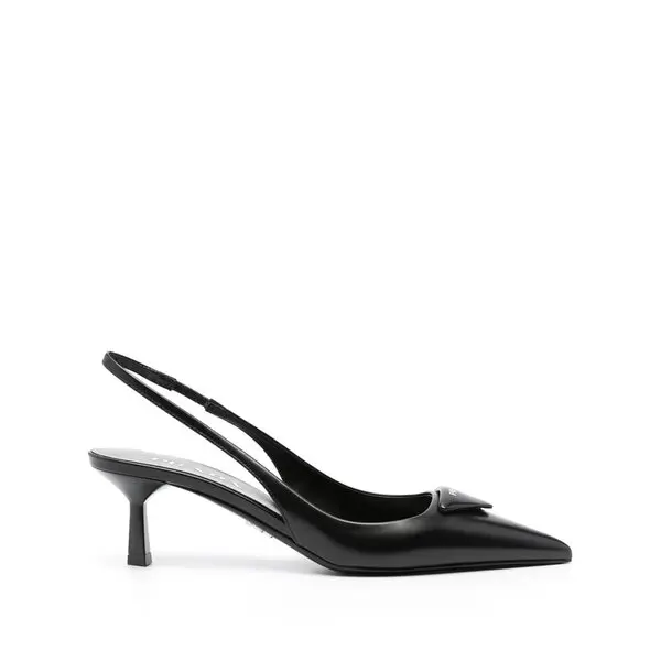 Prada Calf Leather Pointed Toe Kitten Heel Slingback Pumps - Black