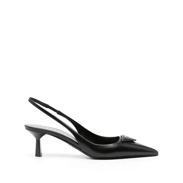 Prada Calf Leather Pointed Toe Kitten Heel Slingback Pumps - Black